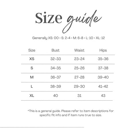 Size Chart Moda Boutique