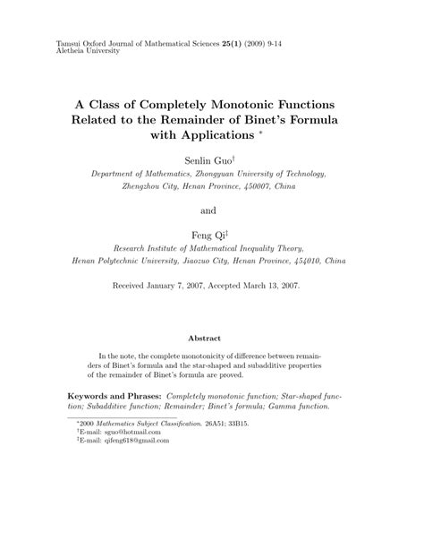 Pdf A Class Of Completely Monotonic Functions Related To The Remainder Of Binets Formula With
