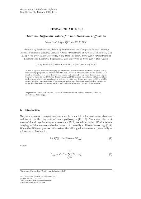 Research Article Extreme Diffusion Values For Non Gaussian