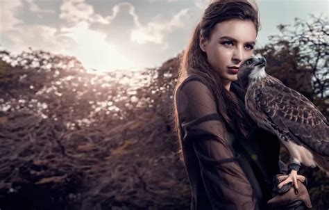 Download Wallpaper Girl Bird Predator Eagle Chen Tao Liao Section Mood In Resolution 3200x1200