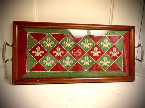 Vintage Needlepoint Fleur De Ley Pattern With Enitials Gs Glass Topped