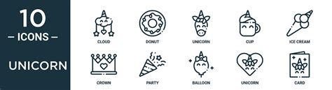 유니콘 개요 아이콘 세트에는 얇은 라인 클라우드 유니콘 아이스크림 파티 유니콘 카드 보고서 프리젠 테이션 다이어그램 웹 디자인을위한 크라운 아이콘이 포함됩니다 공주에 대한