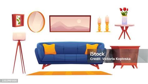 흰색 배경에 가구와 장식 세트 거실 물건 베개가 있는 소파 화장실 테이블 양초 거울 액자 속의 그림 플로어 램프 카펫 클립 아트 만화 벡터 일러스트 레이 션 0명에 대한