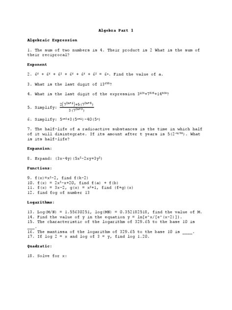 Algebra Pdf Logarithm Quadratic Equation