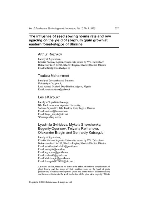 Pdf The Influence Of Seed Sowing Norms Rate And Row Spacing On The Yield Of Sorghum Grain