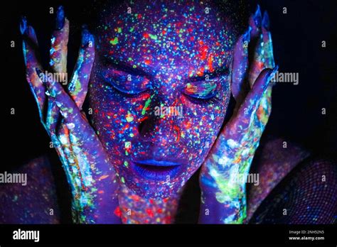 Model Woman In Neon Light Beautiful Model Girl With Fluorescent Makeup