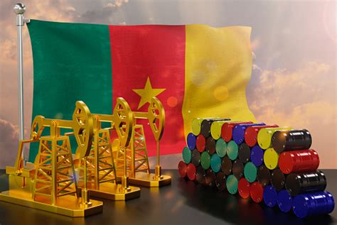 카메룬의 석유 시장 금과 금속 배럴로 만든 오일 펌프 석유 생산 저장 및 가치의 개념 배경에 카메룬 국기입니다 3d 렌더링 0