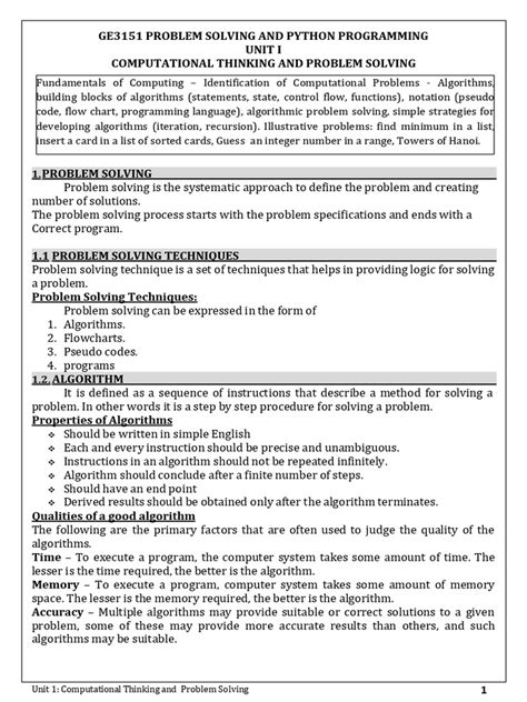 Unit 1 Ge3151 Pspp Pdf Algorithms Programming