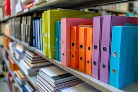 Colorful Office Binders On Shelves Organized For Efficient Documentation Management And