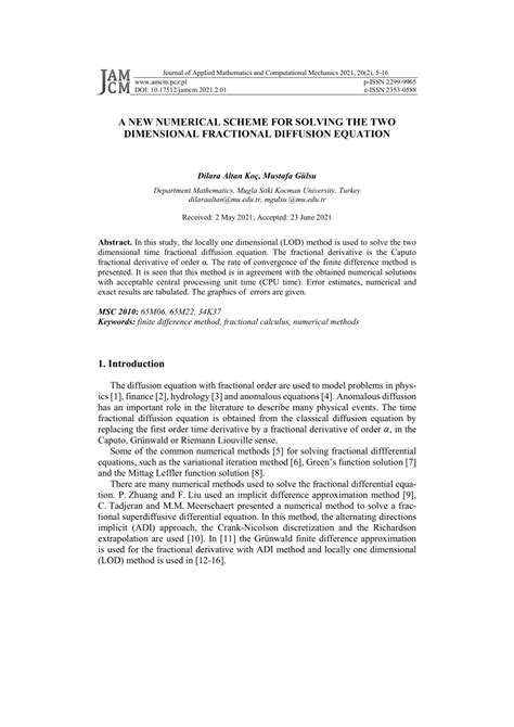 Pdf A New Numerical Scheme For Solving The Two Dimensional Fractional Diffusion Equation