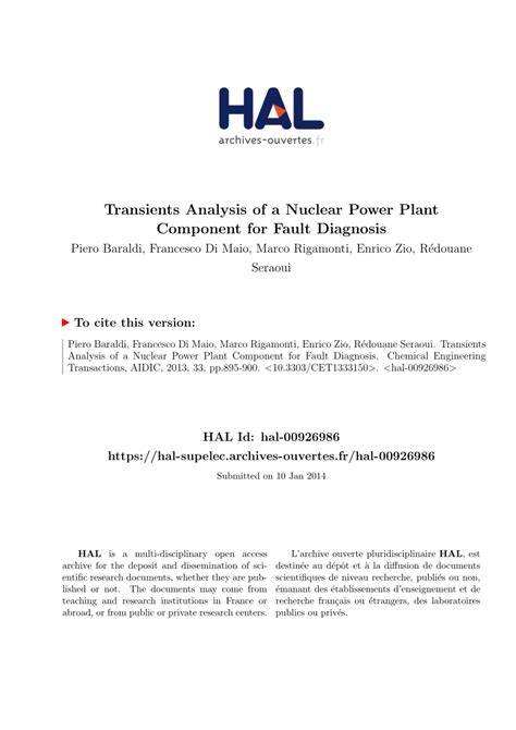 Pdf Transients Analysis Of A Nuclear Power Plant Component For Fault Diagnosis