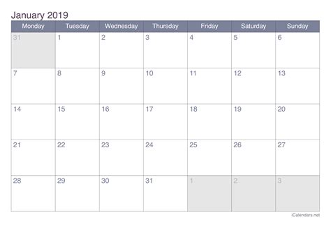 2019 Printable Calendar Pdf Or Excel