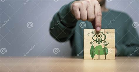Businessman Holding Wooden Cube Co2 Reducing Icon And Tree For Decrease Co2 Emission Carbon