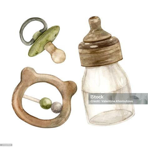 아기를위한 아기 액세서리 세트 나무 딸랑이 젖꼭지 및 우유 병 어린이 인테리어 카드 스티커 직물 디자인 초대장 포장에 대한 수채화 절연 그림 0명에 대한 스톡 벡터 아트 및