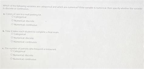 Solved Which Of The Following Variables Are Categorical And