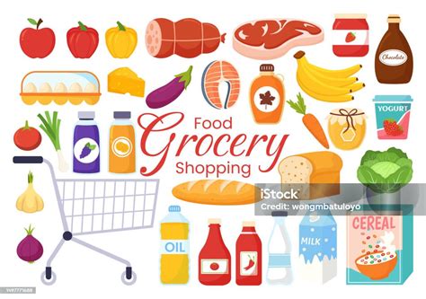 식품 식료품점 쇼핑 벡터 일러스트레이션은 슈퍼마켓에서 플랫 만화 손으로 그린 템플릿에 식품 품목 및 제품 구색을 가지고 있다 가방에 대한 스톡 벡터 아트 및 기타 이미지