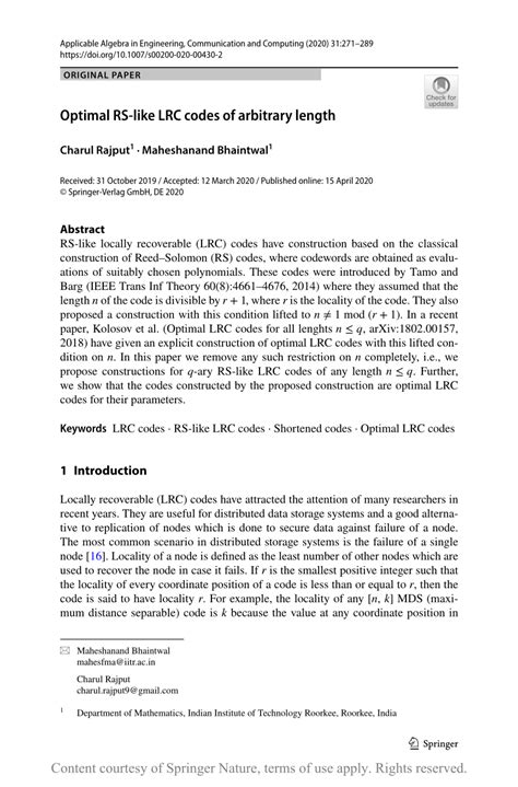Optimal Rs Like Lrc Codes Of Arbitrary Length Request Pdf