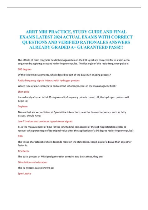 ARRT MRI PRACTICE STUDY GUIDE AND FINAL EXAMS LATEST ACTUAL EXAMS WITH CORRECT QUESTIONS