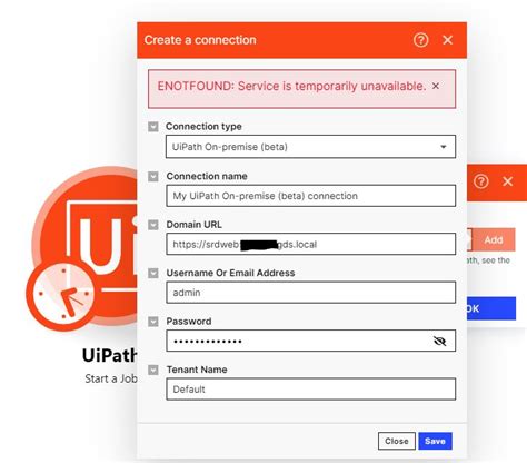 Setup Error On Integration Connection Celonis EMS UiPath On Premise