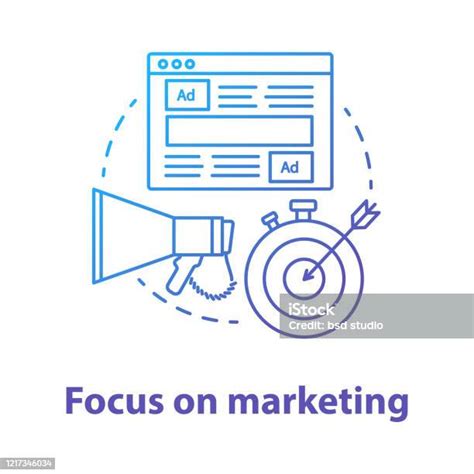 마케팅 블루 컨셉 아이콘에 초점을 맞춥니다 시장 전략 아이디어 씬 라인 일러스트를 타겟팅합니다 비즈니스 최적화 목표 달성 제품 판매 벡터 절연 선도선 도면 개념에 대한 스톡