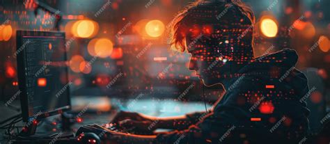 Premium Photo Hacker Working With Computer In Dark Room With Digital