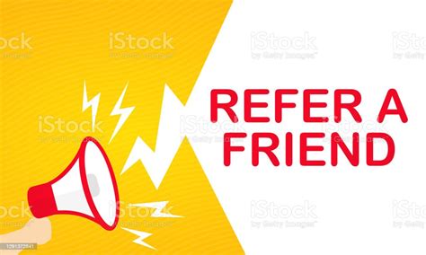 친구 텍스트 배너를 참조와 함께 메가 폰을 들고 손 발표 스피커 비즈니스 홍보 및 광고용 격리된 흰색 배경의 벡터입니다 Eps