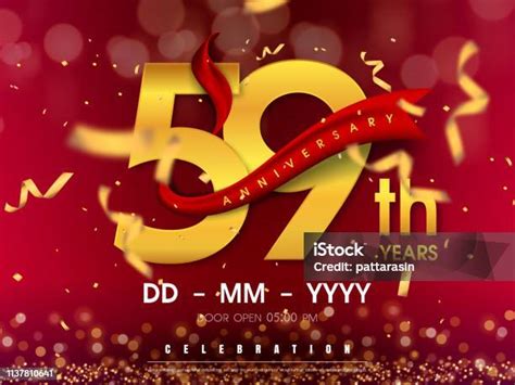 골드 배경에 59 년 기념일 로고 템플릿 59 빨간 리본 벡터와 색종이 고립 된 디자인 요소와 황금 숫자를 축 하 광고에 대한 스톡 벡터 아트 및 기타 이미지 Istock
