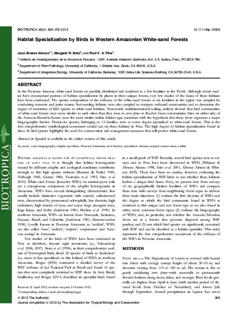 Pdf Habitat Specialization By Birds In Western Amazonian White Sand Forests