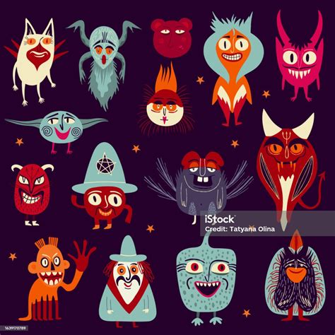 활기차고 이상하고 매력적인 할로윈 캐릭터 세트 할로윈을 위한 마법의 신비로운 재미있는 캐릭터 강렬하고 밝은 색상에 대한 스톡 벡터 아트 및 기타 이미지 Istock