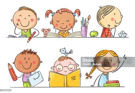 การ์ตูนเด็กในห้องเรียนที่โรงเรียนนั่งอยู่ที่โต๊ะทํางานของพวกเขา ภาพประกอบสต็อก ดาวน์โหลดรูปภาพ