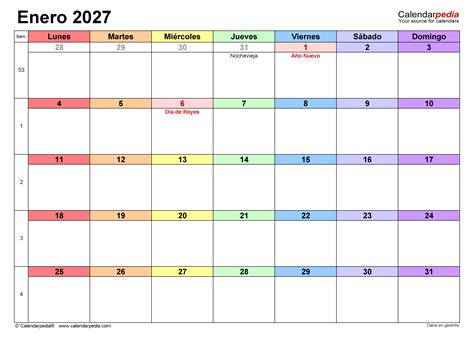 Calendario Enero 2027 En Pdf Excel Y Word Calendarpedia