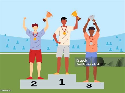 남자의 벡터 일러스트 레이 션은 수상 수상자 연단에 서서 우승자 컵을 들고 있습니다 3위에 대한 스톡 벡터 아트 및 기타 이미지 3위 Championship 강단