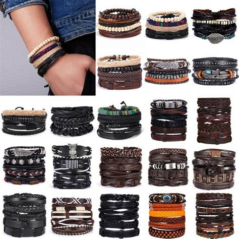 6pcsset Multilayer Leather Bracelet Mens Women Wristband Bangle
