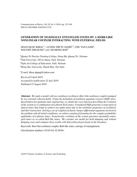 Pdf Generation Of Maximally Entangled States By A Kerr Like Nonlinear Coupler Interactive With