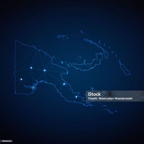 파푸아 뉴기니의 추상적 인 Wireframe 메쉬 다각형 지도 와 조명 에서 도시의 와 진한 파란색 배경 벡터 일러스트 레이 션 Eps10 0명에 대한 스톡 벡터 아트 및
