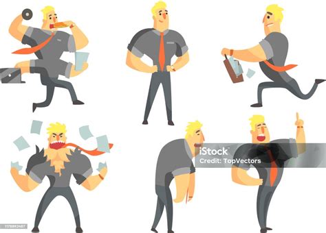 재미 근육 사업가 만화 캐릭터 에서 다른 상황 세트 벡터 일러스트 가공의 인물에 대한 스톡 벡터 아트 및 기타 이미지 가공의 인물 근육질 체격 남자 Istock