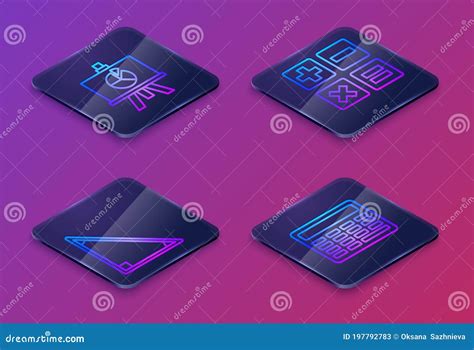 Set Isometric Line Xyz Coordinate System Calendar Feather And Inkwell And Chalkboard Blue
