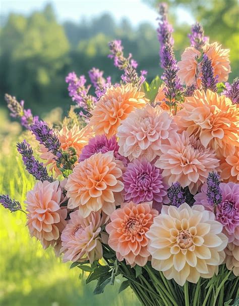 Vibrant Dahlias And Lavender Bouquet Stock Image Image Of Pastel