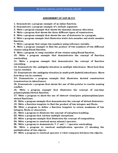 Assignments Oop In Cpp Best 1 By Manoj Sapkota United Technical College Assignment Of Oop