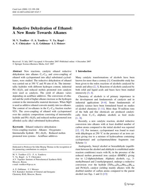 Pdf Reductive Dehydration Of Ethanol A New Route Towards Alkanes