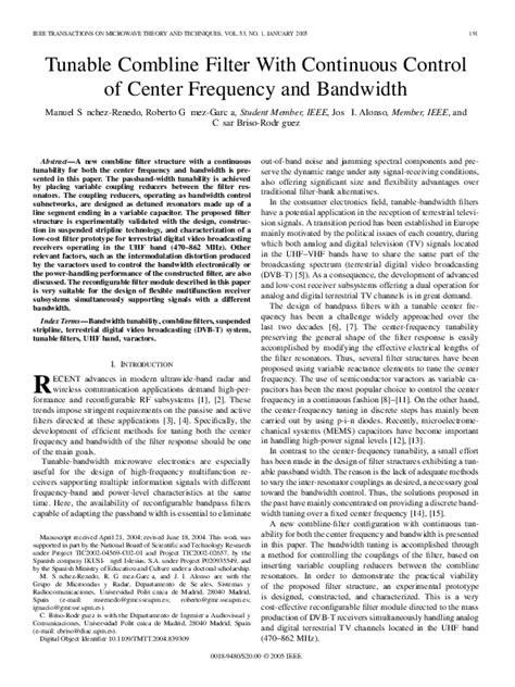 Pdf Tunable Combline Filter With Continuous Control Of Center Frequency And Bandwidth