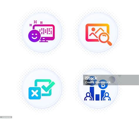 미소 확인란 및 검색 사진 아이콘 세트 Ab 테스트 기호입니다 긍정적 인 피드백 설문 조사 선택 이미지 찾기 벡터 고객에 대한 스톡 벡터 아트 및 기타 이미지 Istock