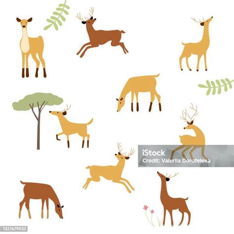 귀여운 그려진 사슴의 벡터 세트 다른 포즈의 사슴 베이지색과 브라운 사슴의 가족 사슴의 무리 무늬 색칠 공부 직물 벽지 만화 갈색에 대한 스톡 벡터 아트 및 기타 이미지