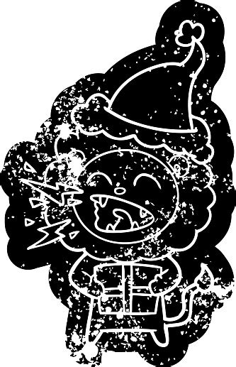 기발한 만화 산타 모자를 쓴 선물을 가진 포효하는 사자의 고민 아이콘 귀여운에 대한 스톡 벡터 아트 및 기타 이미지 귀여운