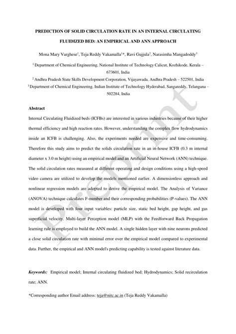 Pdf Prediction Of Solid Circulation Rate In An Internal Circulating Fluidized Bed An