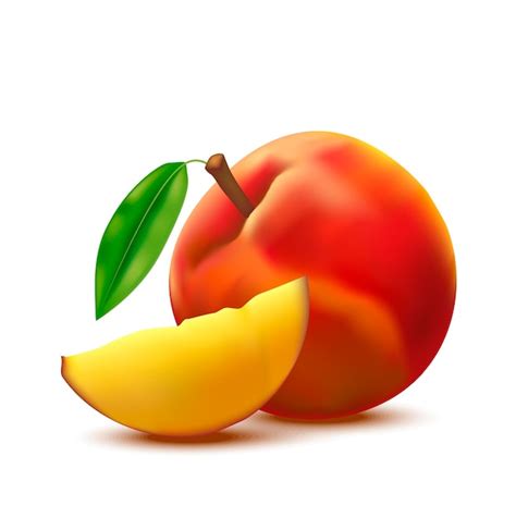 현실적인 상세한 3d 전체 복숭아 과일과 슬라이스 벡터 프리미엄 벡터