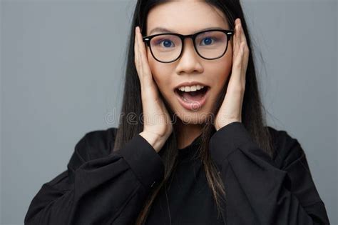 Portrait Woman Pointing Business Background Fashion Beautiful Glasses