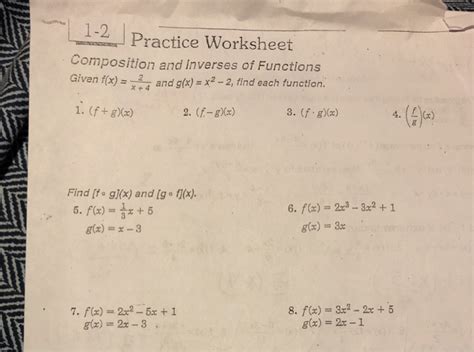 solved 1 2 l a practice worksheet composition and inverses
