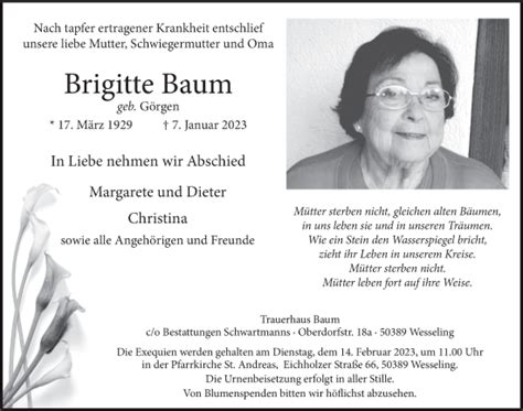 Traueranzeigen Von Brigitte Baum Wirtrauern