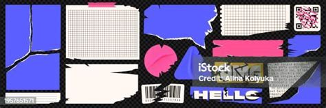 밝은 색의 찢어진 콜라주 종이 세트 찢어진 종이 조각 비닐 스티커 텍스트 스크랩 체크 무늬 노트북 시트 및 바코드 현대 벡터 일러스트 레이 션입니다 액자에 대한 스톡 벡터